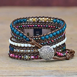 Somesame Compatible with Fitbit Versa/Versa 2/Versa Lite/Versa SE Bands Boho Beads Bracelets,Multilayer 5 Wraps Chakra Leather Handmade Braided Natural Stone Rope Watch Strap for Women Men
