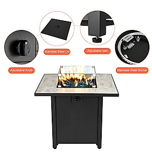 AVAWING Propane Fire Pit Table, 30 inch 50,000 BTU Square Gas Firepits w/Ceramic Tabletop with Waterproof Cover, Glass Wind Guard, Tempered Glass Beads, Protective Cover