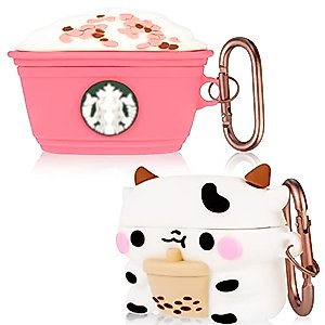 2 Pack for AirPods Pro 2nd/1st Generation Case, 3D Cute Cartoon Kawaii Funny Soft Silicone Case Cover for AirPods Pro 2 Anime Skin with Keychain for Girls Women Kids Teens (Boba Tea Cows+Coffee Cup)