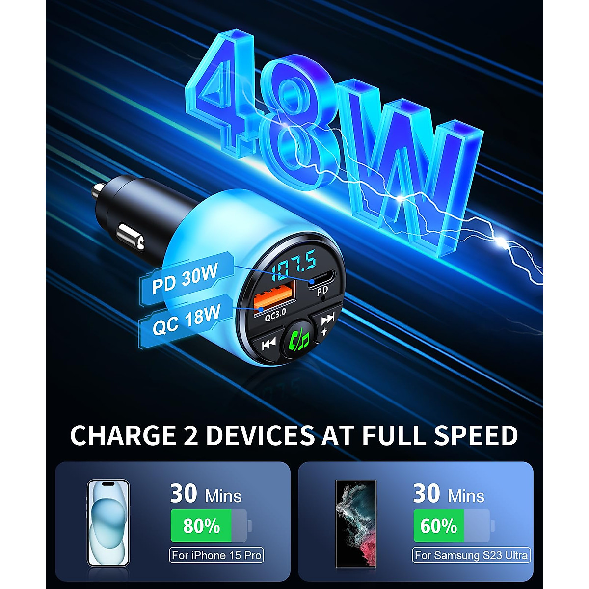 Otemly Bluetooth 5.3 FM Transmitter for Car [PD 30W & QC3.0 18W] Fast Charge, [All-Over Glow] Bluetooth Car Adapter Wireless FM Radio Transmitter Car Kit, Hands-Free Calls, Hi-Fi Music