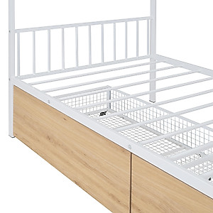 Metal House Bed for Kids, Twin Size Bed Frame with Storage Drawers and Slats, Kids Bed Frame with Headboard and Footboard, Twin Size House Bed for Kids, Girls, Boys(Twin White)