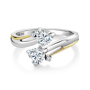 925 Silver and 10K Yellow Gold Heart Shape White Moissanite and White Lab Grown Diamond 2 Tone 2 Heart Promise Couple Women Engagement Mother Ring (0.86 Cttw, Available In Size 5, 6, 7, 8, 9)