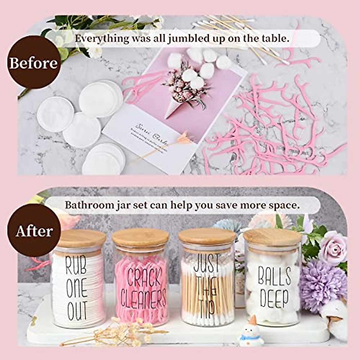 TUZAZO 4 Pack Glass Qtip Holder Apothecary Jars with Bamboo Lids, Clear Bathroom Organizer Storage Canisters Set Bathroom Jars for Cotton Balls, Floss, Cotton Rounds and Cotton Swab Holder