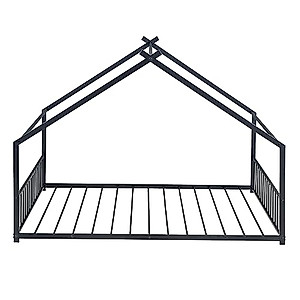 DNYN Twin Size Metal House Bed with Roof Design for Kids Bedroom,Sturdy Steel Bedframe,No Box Spring Needed, Black