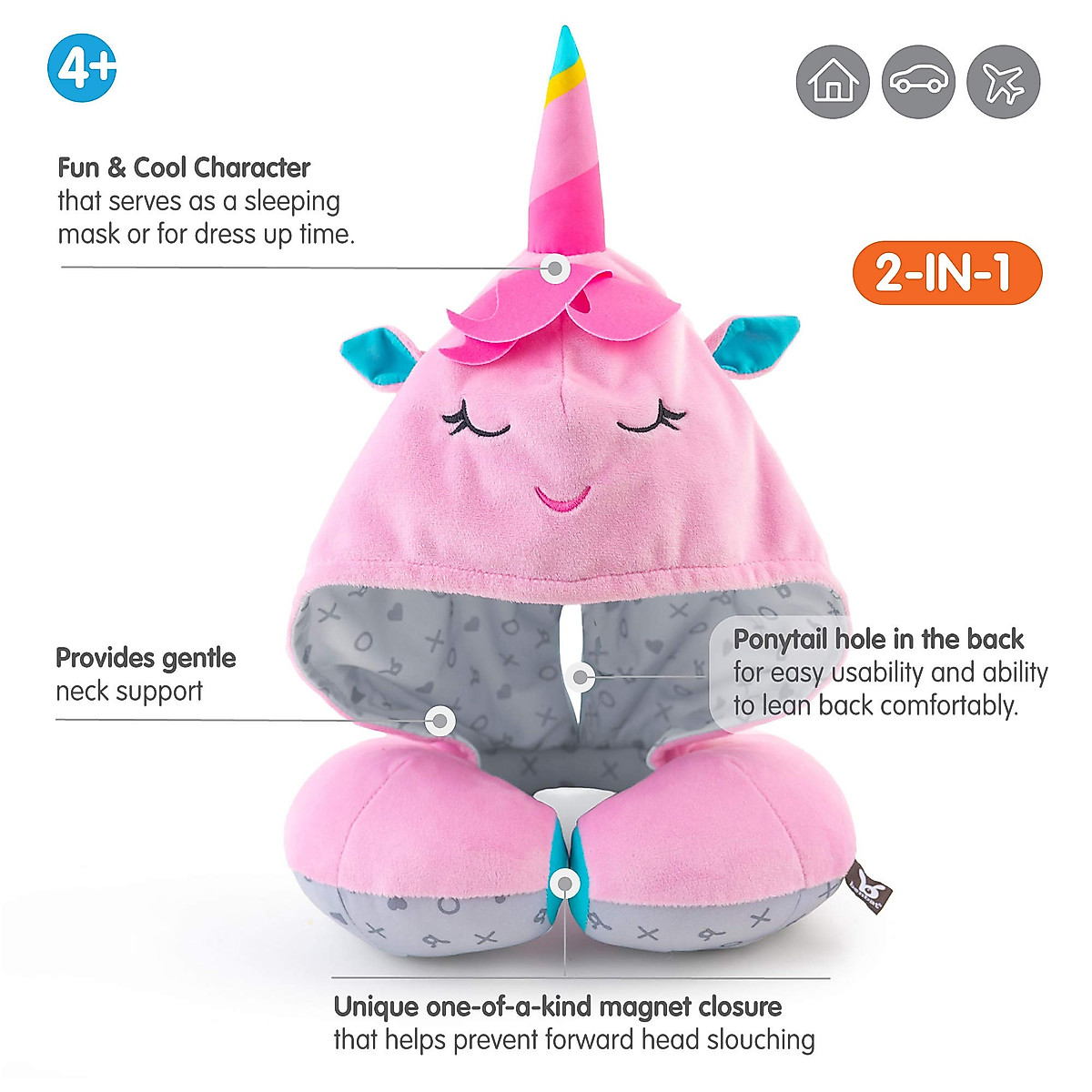 BENBAT Hooded Travel Pillow Neck Support – Soft, Polyester Total Car Seat Head Support for Children 4+ with Magnetic Closure and Ponytail Hole – Machine-Washable Travel Essentials (Unicorn)