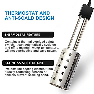 GESAIL 1000W Electric Immersion Heater, Bucket Water Heater with 304 Stainless-Steel Guard, Submersible Bucket Heater with Thermostat and Auto Shutoff, Heats 5 Gallons Water in Minutes