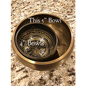 5 Gold Tibetan Meditation Yoga Singing Bowl Set (Large) ~Live Fully Now ~ Tuned to B ~ Hand Hammered Antique healing bowl design ~Wood Striker ~ Himalayan bowl for Meditation, hand yoga, and Chakra