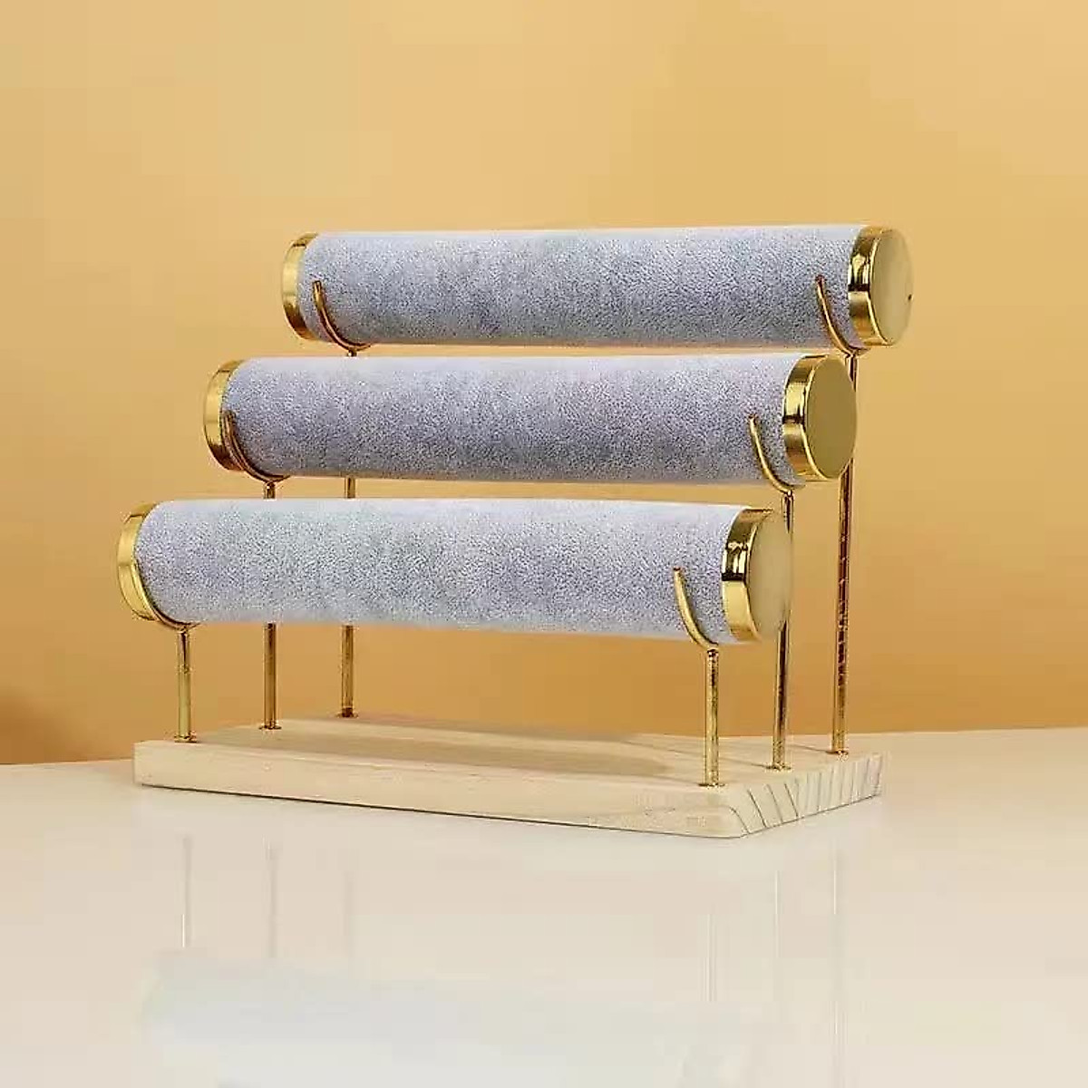RJ Displays-Grey Velvet 3 Layer Detachable Wood Gold Hardware Jewelry Holder Organizer Display Stand Velvet Bracelet Display Stand. Comes with Micro Fiber Jewelry Cleaning/Polishing Cloth