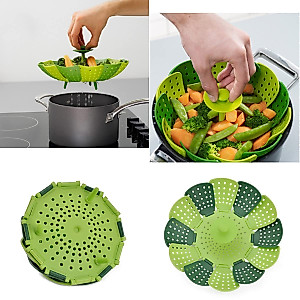 RUITASA Steamer Basket Folding, Folding Silicone Steamer Basket, Folding Steamer, Leisure Lotus Steamer Basket for Steaming Food and Vegetable Folding Non-Scratch BPA-Free(Green)