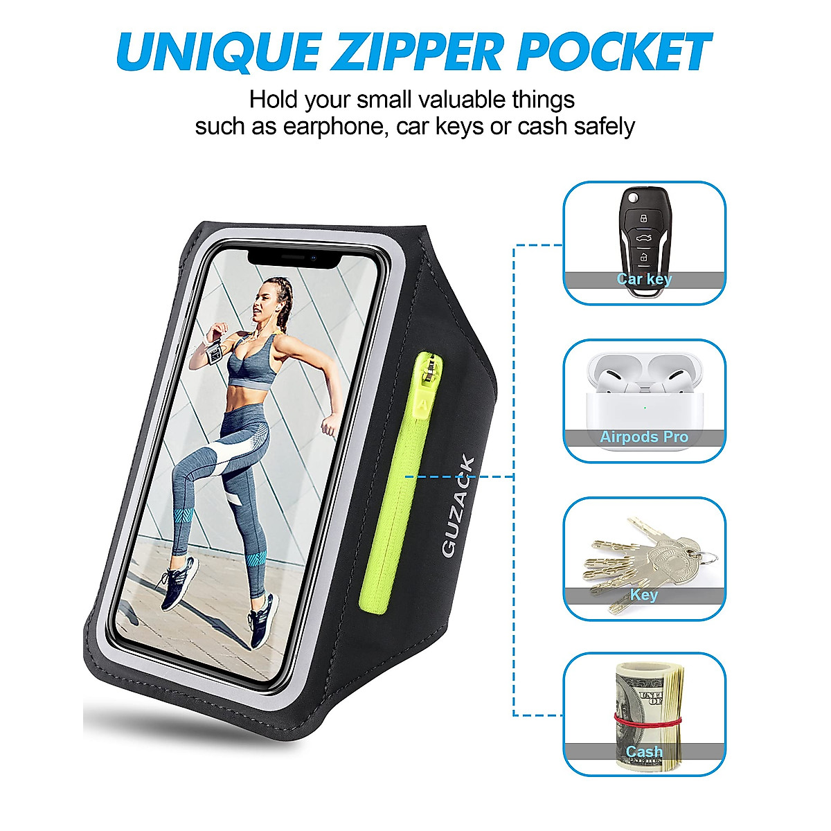 Cell Phone Armband with Zipper Pocket, Phone Holder for Running Armband for iPhone 15 14 13 12 11 Pro Max, Galaxy S23 S22 - [Fit Up to 6.8” All Phones] Sports Arm Holder with Key Pocket & Card Slot