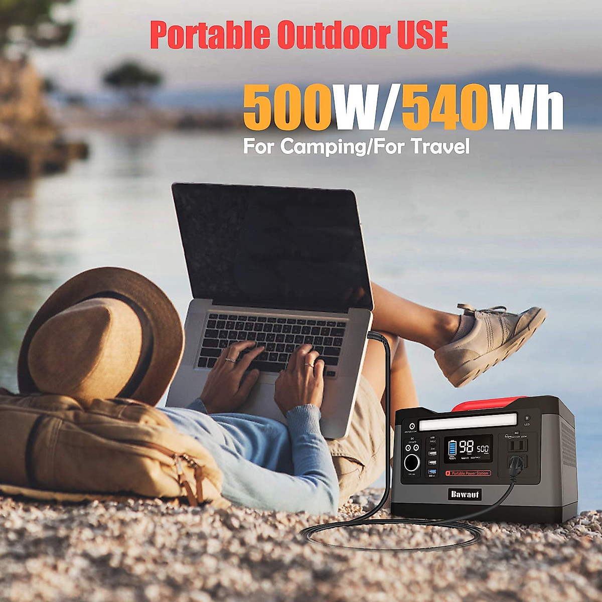 Bawaut Portable Power Station,540Wh Backup Lithium Battery, 110V/500W AC Outlet Outdoor Generators,12V DC & USB, USB-C Outputs, Solar Rechargeable Backup Power for Travel Camping Emergency
