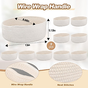 Dandat 9 Pcs Cotton Rope Woven Basket 13 x 9 x 5'' Oval Cute Basket with Handles Rope Organizing Baskets Shelf Baskets Closet Storage Bins for Living Room Playroom Baby Room Bedroom (White)