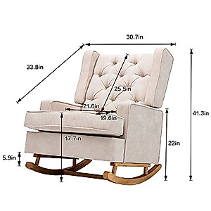Dolonm Nursery Rocking Chair Upholstered Mid Century Modern Rocker Oversized Wingback Armchair for Living Room with Solid Wood Base (Beige)