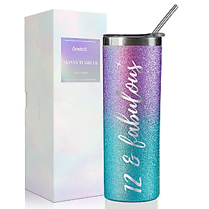 Onebttl Birthday Gifts for 12 Year Old Girl -12 & Fabulous - Tween Girl Gifts, Unique Design 20oz Skinny Tumbler, Novelty 12th Birthday Gifts for Girls, Card & Package Included - Blue Purple