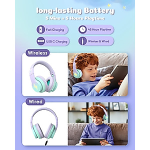 seenda Kids Bluetooth Headphones, Colorful Wireless Over Ear Headset with 85dB/94dB Volume Limited, 45H Playtime, 3 Lighting Modes, Built-in Mic Headphones for Boys Girls iPad Tablet School Green