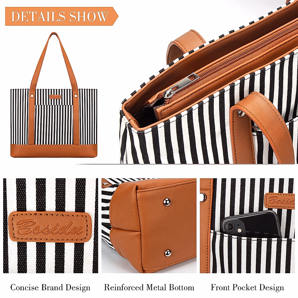 Laptop Tote Bag for Women, Water Resistant Canvas Womens Work Tote Bag, Large Capacity Shoulder Bag Fits 15.6 inches Laptop (Black and Brown)