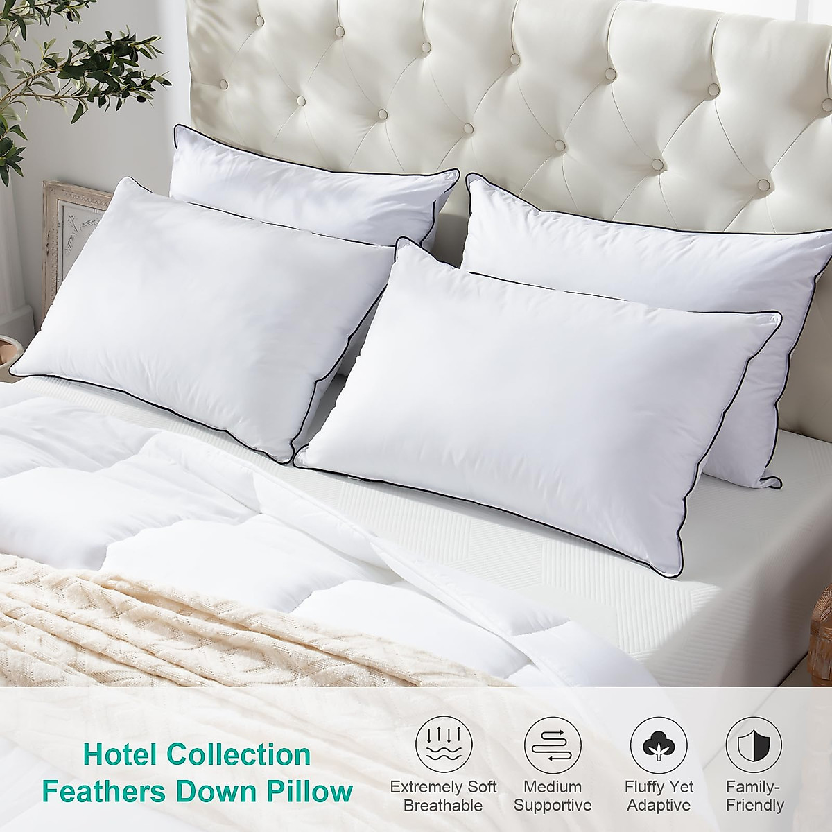 APSMILE Medium Firm Feather Down Pillows Standard Size Set of 2, Luxury Feather Pillow for Sleeping, Organic Cotton Cover Hotel Collection Bed Pillow (White, 20"x26")