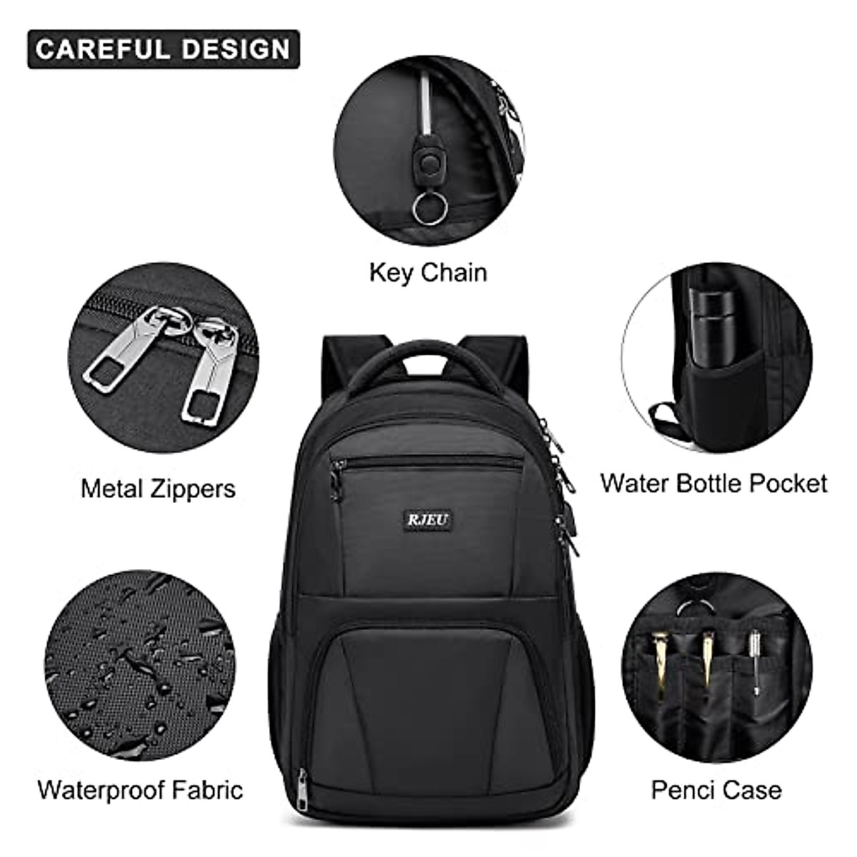 RJEU Laptop Backpack for Men, School Backpack for Teens, College Students, with 15.6 inch Laptop Sleeve, Large Travel Computer Rucksack with 3 Compartments, Ergonomic Straps - Bookbag Black