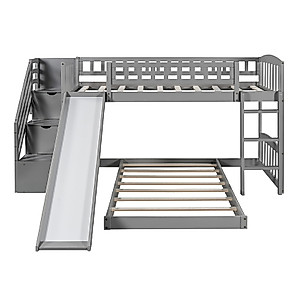 Bunk Beds with Slide Twin Over Twin Low Bunk Bed Frame with Storage Drawers Stairway Wood Bunk Bed for Kids Boys Girls, Gray