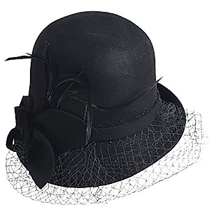 VECRY Women's Wool Church Dress Cloche Hat Plumy Felt Bucket Winter Hat (Veil-Black)