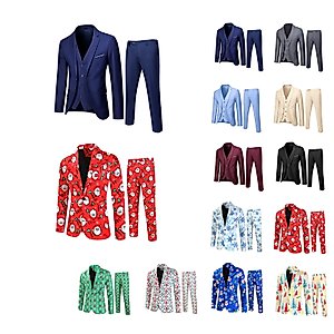 Christmas Suits for Men 2/3 Pcs,Slim Fit Christmas Snowflake Jacket Blazer Party Wedding Tuxedo Tux & Pants & Vest Set(Black,S)