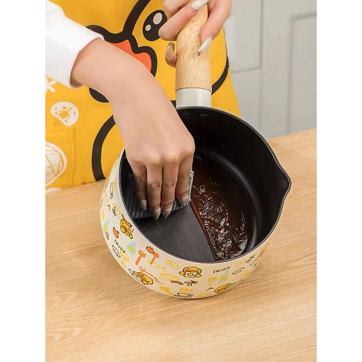 Cooker King x B. Duck 6 inch Milk Pot with Lid, Non-Stick Sauce Pan, Yellow Duck Pattern Small Cookware with Wood Handle-Yellow & White