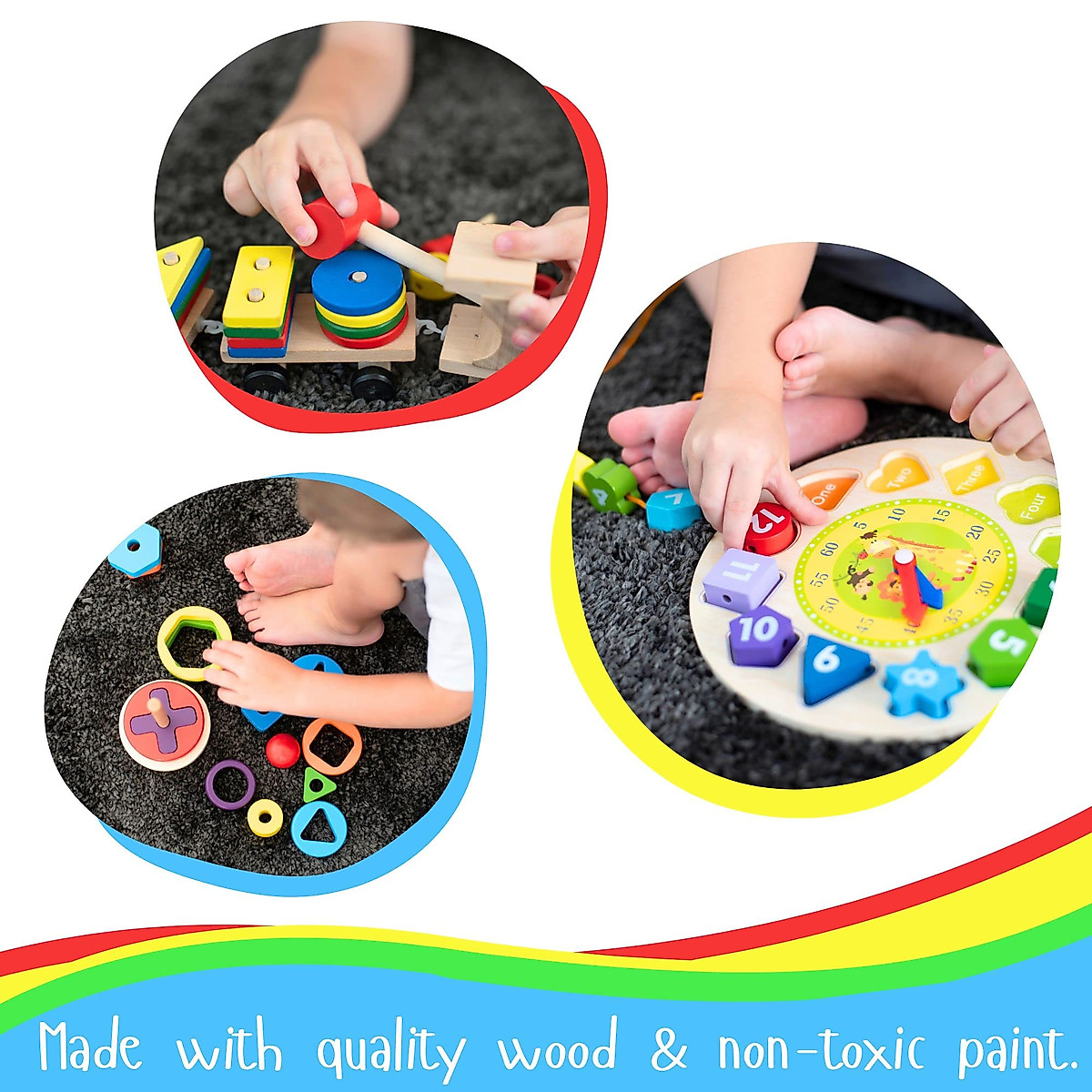 LMC Products Variety Pack of 6 Wooden Toys - Toys for Toddlers 3 Year Old & Up, Stacking & Lacing Toys, Fine Motor Skills Toys, Bead Maze, Educational Shape Puzzle