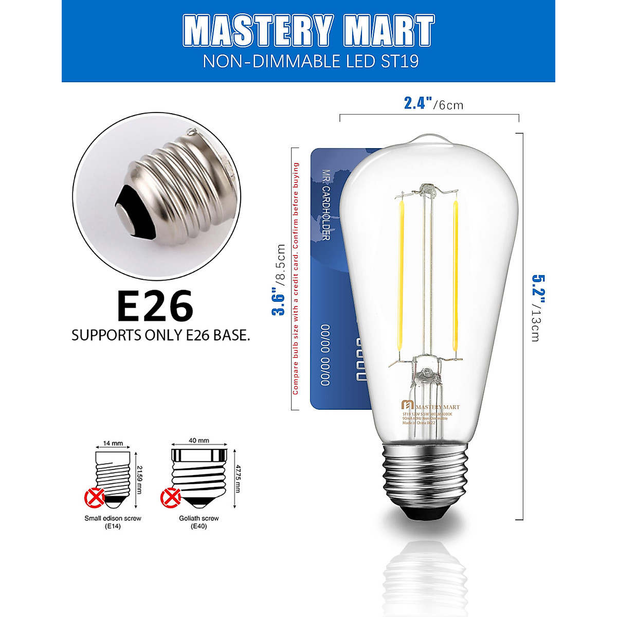 MASTERY MART E26 Led Bulb 60 Watt Equivalent, 5.5W Clear Edison Bulbs, Daylight White 4000k, CRI 90+, 500 Lumen, Vintage ST58 led Light Bulb for Home Non-Dimmable, 6 Pack