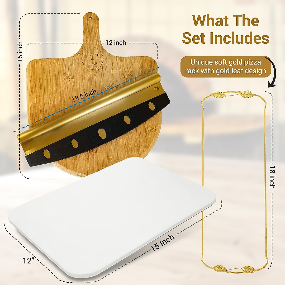 Hearth & Leaf Cordierite Pizza Stone for Oven and Grill. Including Bamboo Pizza Peel, Pizza Cutter & Gold Detachable Serving Handles - Kitchen Accessories - Baking Supplies -15 inch Large Stone