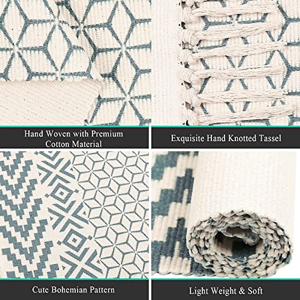 Pauwer Cotton Area Rug Set 2 Piece Washable Printed Cotton Rugs with Tassel Hand Woven Fringe Cotton Rug Runner for Kitchen, Living Room, Bedroom, Laundry Room, Entryway