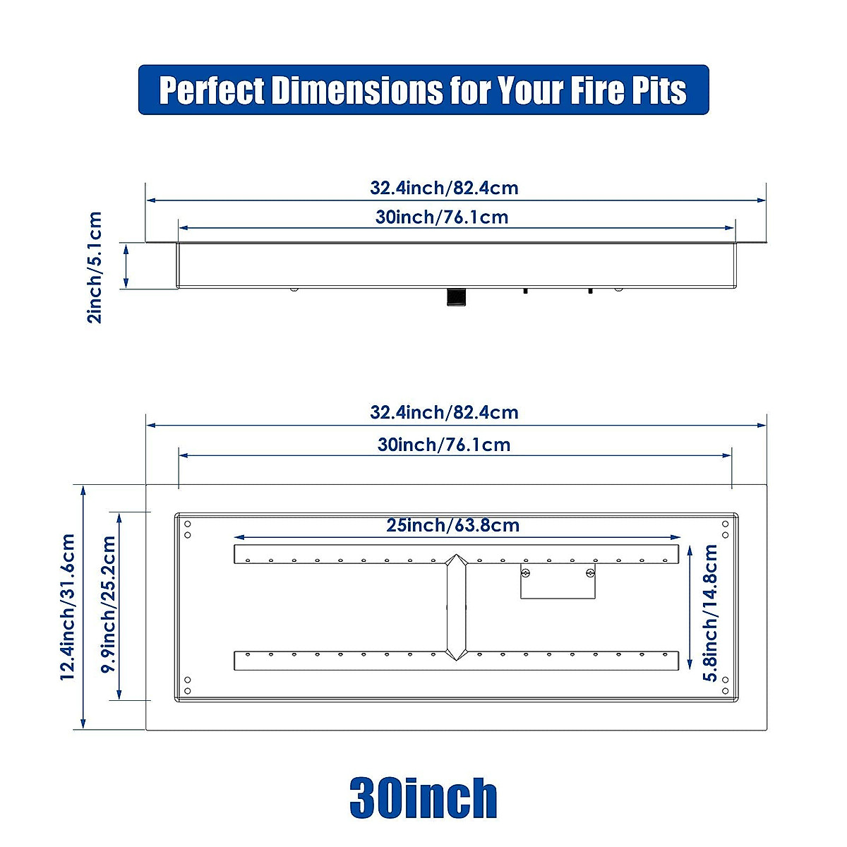 GRISUN Drop-in Fire Pit Kit 30 x 10 Inch, H-Shape Burner with Pan, Come with Upgraded Spark Ignition Kit for Gas Fire Pit, Fire Pit Table Insert Stainless Steel, Suitable for Indoor Outdoor Decoration