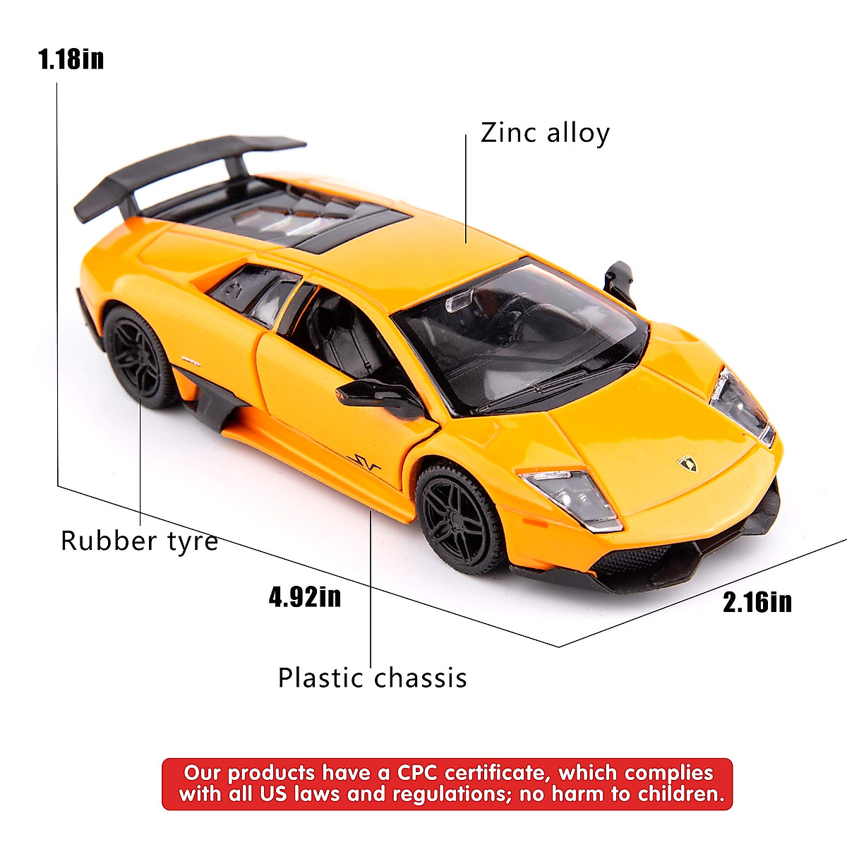 TGRCM-CZ 1/36 Scale Murcielago LP670-4 Casting Car Model, Zinc Alloy Toy Car for Kids, Pull Back Vehicles Toy Car for Toddlers Kids Boys Girls Gift (Yellow)