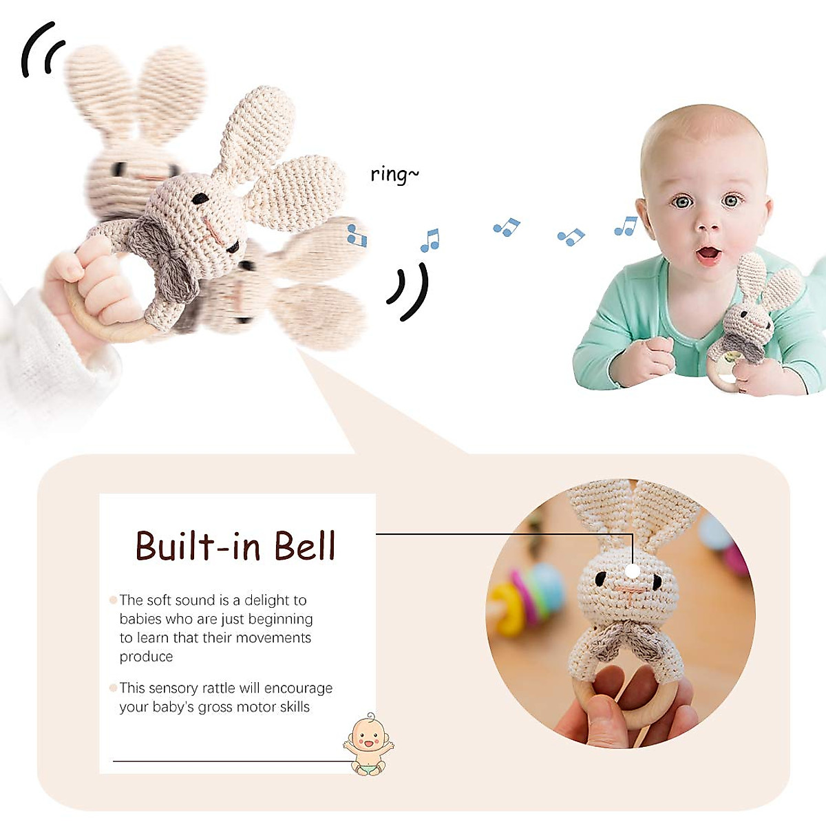 Wooden Baby Rattle Toys 5 PCS Rattle Set for Babies 0-6-12 Months Bunny Crochet Rattle Ring with Gift Box Wooden Montessori Toy for Newborn Infant Baby