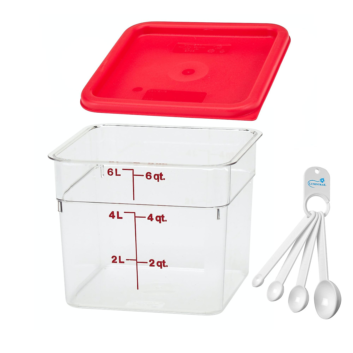 Lumintrail Cambro 6 Quart CamSquare Plastic Storage Container, Translucent, and Red Lid, Bundle with a Measuring Spoon Set (6SFSPP190), BPA Free Plastic