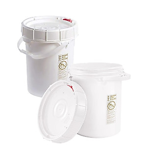 5 Gallon Food Grade Storage Container with Screw Lid - Durable Plastic for All-Purpose Storage - Pack of 2 - Air-Tight Design with Child Resistant Button ensures Safety. Perfect for Food Safe Buckets