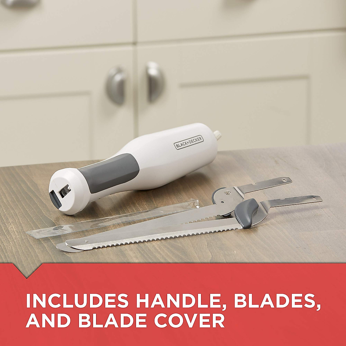 BLACK+DECKER 9 inch Electric Carving Knife, Comfort Grip Handle & Safety Lock Button, Stainless Steel Blades and Dishwasher Safe Parts, White