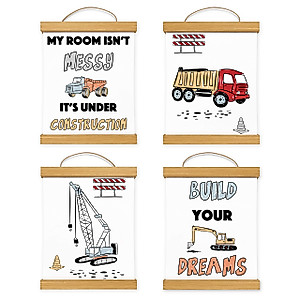 Framed Sweet Jojo Designs Construction Truck Wall Art Prints Room Decor for Baby, Nursery, and Kids - Set of 4 - Grey Yellow Orange Red and Blue Transportation with Wooden Hanging Magnetic Frames