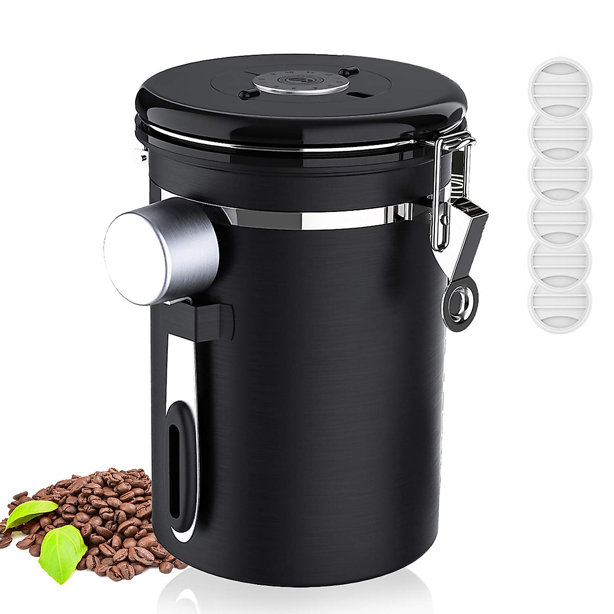 Airtight Coffee Canister, Large Stainless Steel Coffee Bean Storage Container for Kitchen with Date Tracker, Measuring Scoop, One Way Co2 Valve (Extra 6pcs) for Beans, Grounds Tea, Sugar (16OZ, Black)