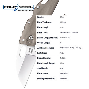 COLD STEEL Tuff Lite 2.5" AUS8A Sheepsfoot Razor-Sharp Plain Blade 3.5" Griv-Ex FDE Handle Pocket Folding Knife, Boxed