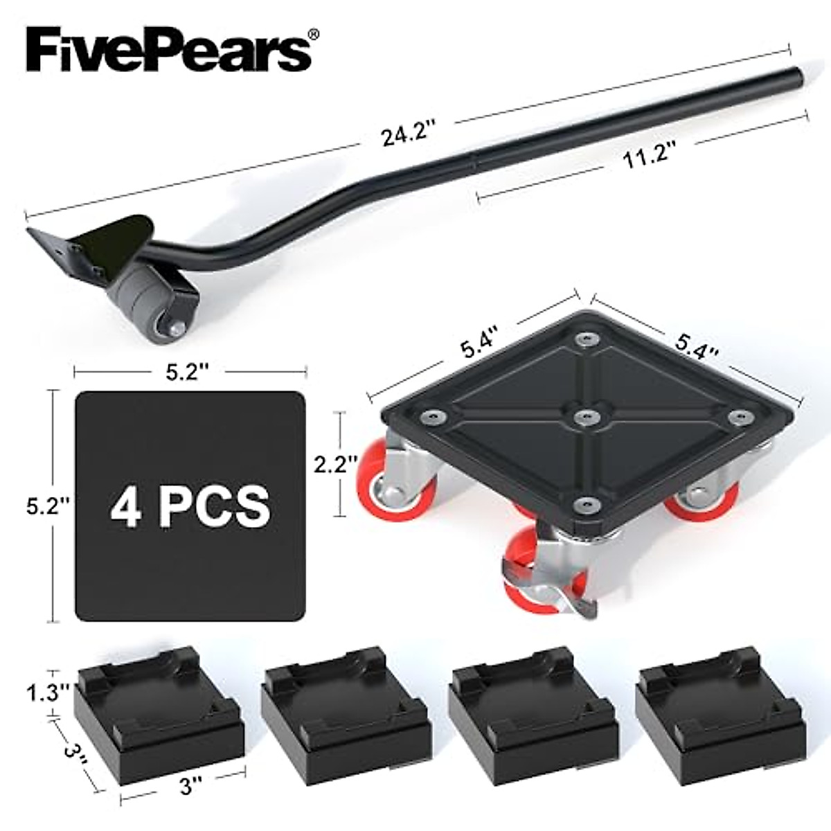 Fivepears Furniture Lift Mover Tool Set-3000 lb,5-Wheel Heavy-Duty Furniture Dolly with Handle,360°Swivel Casters Trolley-Ideal for Moving Heavy Machinery, Equipment, Pianos, Couches and Carpeted