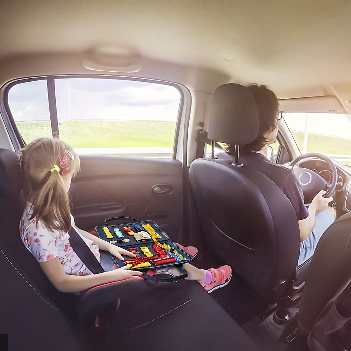 FBve Toddler Busy Board, Montessori Basic Skills Activity Board for Fine Motor Skills & Learn to Dress - Educational Learning Toys for Toddlers - Sensory Toy for Airplane or Car Travel