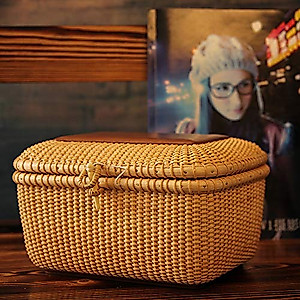 Teng Tian Nantucket baskets Rectangular Handwoven rattan Storage Basket Set with Lid for Shelves and Home Organizer Bins (S)