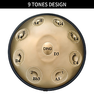 TTXC Handpan Steel Drums Musical instrument D Minor 9 Notes 22 inchs Steel Hand Drum,Soft Hand Pan Bag,2 handpan Mallet,Handpan Stand,dust-free cloth,(gold)