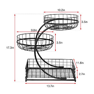 Tiaoheka 3 Tier Fruit Basket for Kitchen, Metal Wire Fruit Bowl for Kitchen Counter, Detachable Fruit Vegetables Storage Basket Holder Stand for Countertop Dining Table(Round and Square, Black)