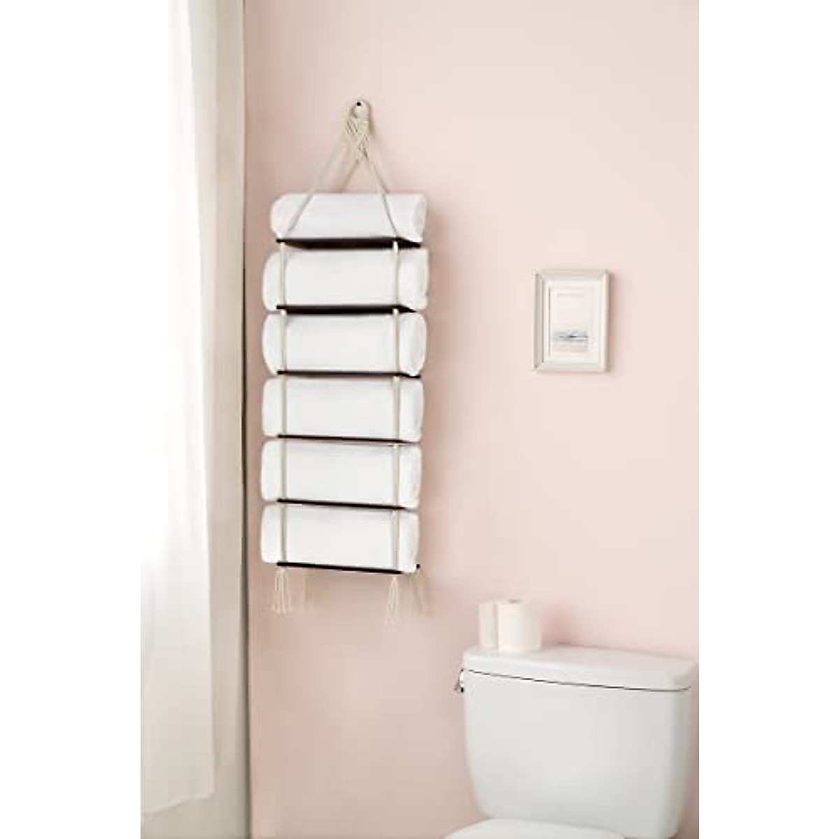 Mkono Macrame Towel Holder Over The Door Towel Rack for Bathroom Storage for Rollded Towels Hand Towels, 6 Tier Scarf Hanger Wood Hanging Shelves for Bedroom Living Room Entry