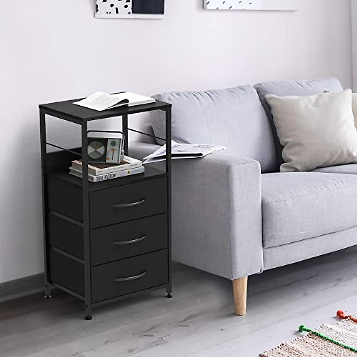 Black Nightstand with Drawer, Bedroom End Table Tall Night Stand for Living Room Side Table with 3 Fabric Drawers Modern Bedside Table with Storage Shelf for Office, Study