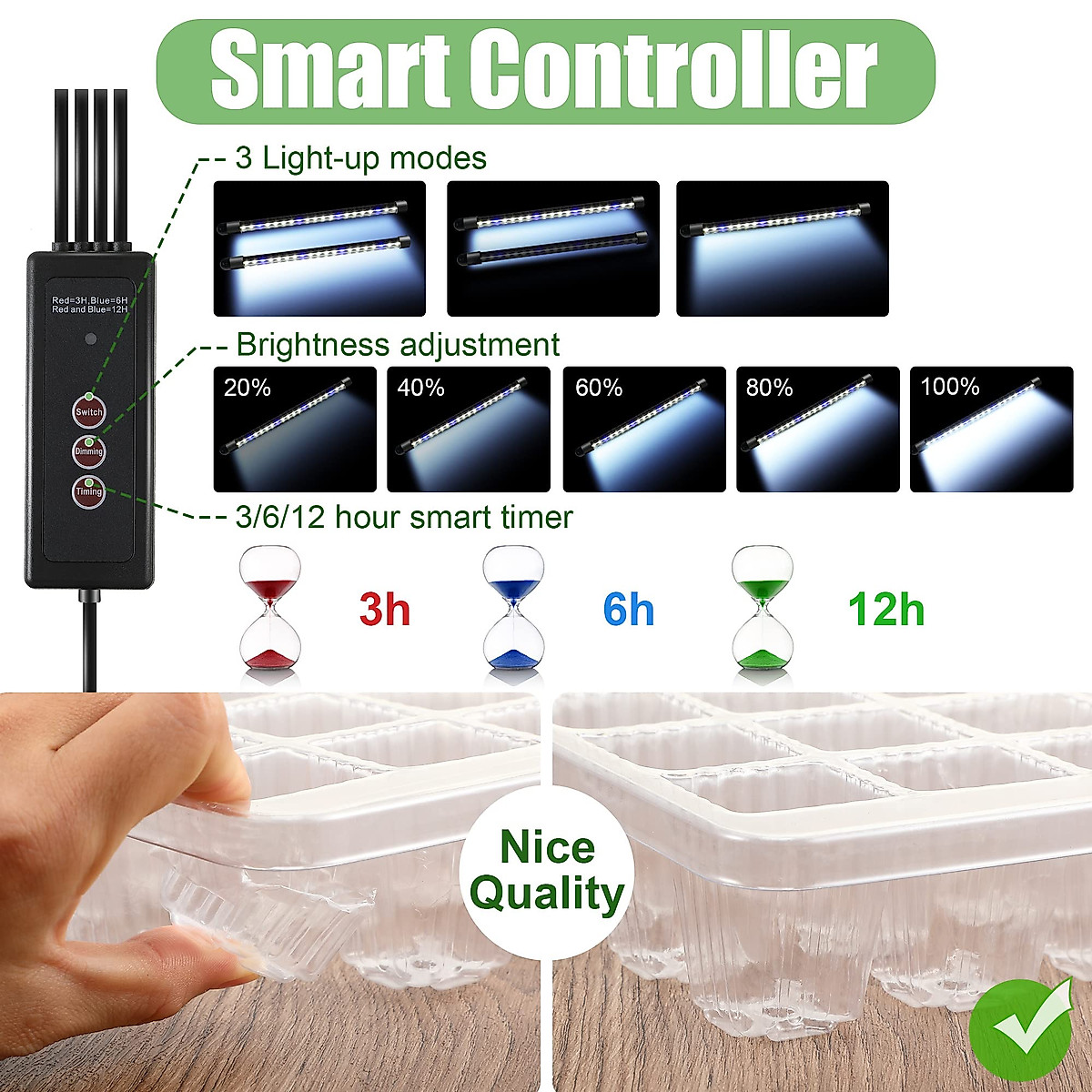 Saillong 2 Packs Seed Starter Tray with Grow Light High Dome Seed Germination Kit 80 Cells with 4 LED Grow Lights Seedling Starter Kit with Smart Timer and 3 Modes for Home Gardeners, Greenhouse