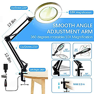 10X Magnifying Glass Lamp, Adjustable Swing Arm 72 LEDs Real Glass Lens Magnifier Light,3 Color Modes 10 Stepless Dimmable,Perfect for Daily Reading,Hobbies, Crafts, Workbench (Black)