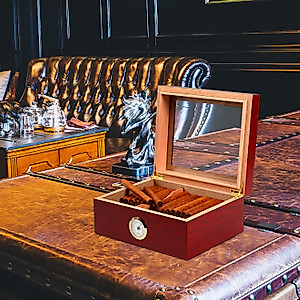 Somduy Cigar Humidor for 30-50 Cigars with Humidifier and Hygrometer,Desktop Cedar Wood Cigar Box Storage Case with Divider, Glass Top, Gift for Men,Reddish Brown