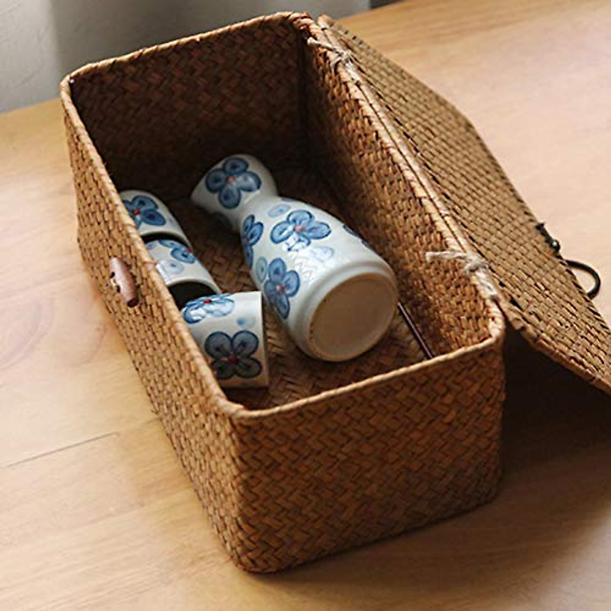YARNOW 2pcs Seagrass Storage Baskets with Lids Rectangular Rattan Baskets Woven Wicker Storage Bins Wooden Picnic Basket Laundry Hamper Container